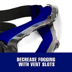 SolidWork Safety Goggles Anti-Fog Clear Lens with Adjustable Elastic Headband. Protective Eyewear for Men & Women (Dark Blue)