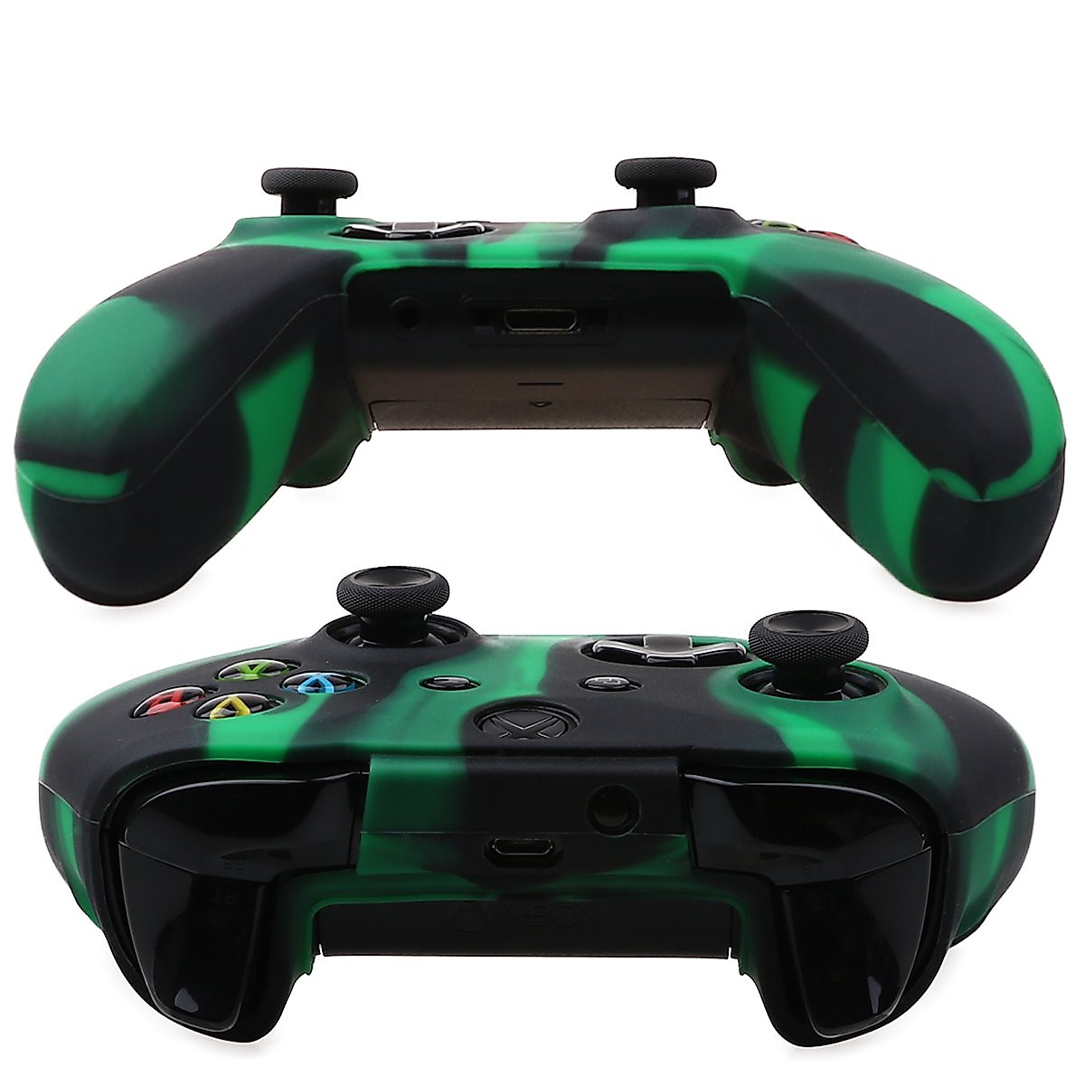 YoRHa Silicone Cover Skin Case for Microsoft Xbox One X & Xbox One S Controller x 1(Black Green) with Pro Thumb Grips 8 Pieces