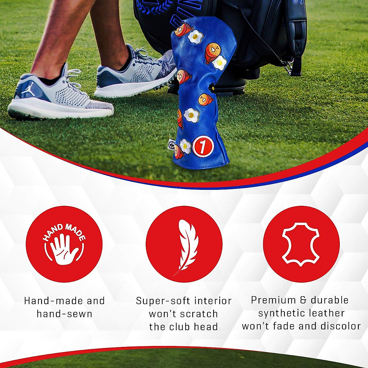 Pins & Aces Golf Co. Ham & Eggs Driver Wood Head Cover - Premium, Hand-Made Leather 1W Headcover - Funny, Tour Quality Golf Club Cover - Style and Customize Your Golf Bag (Driver)