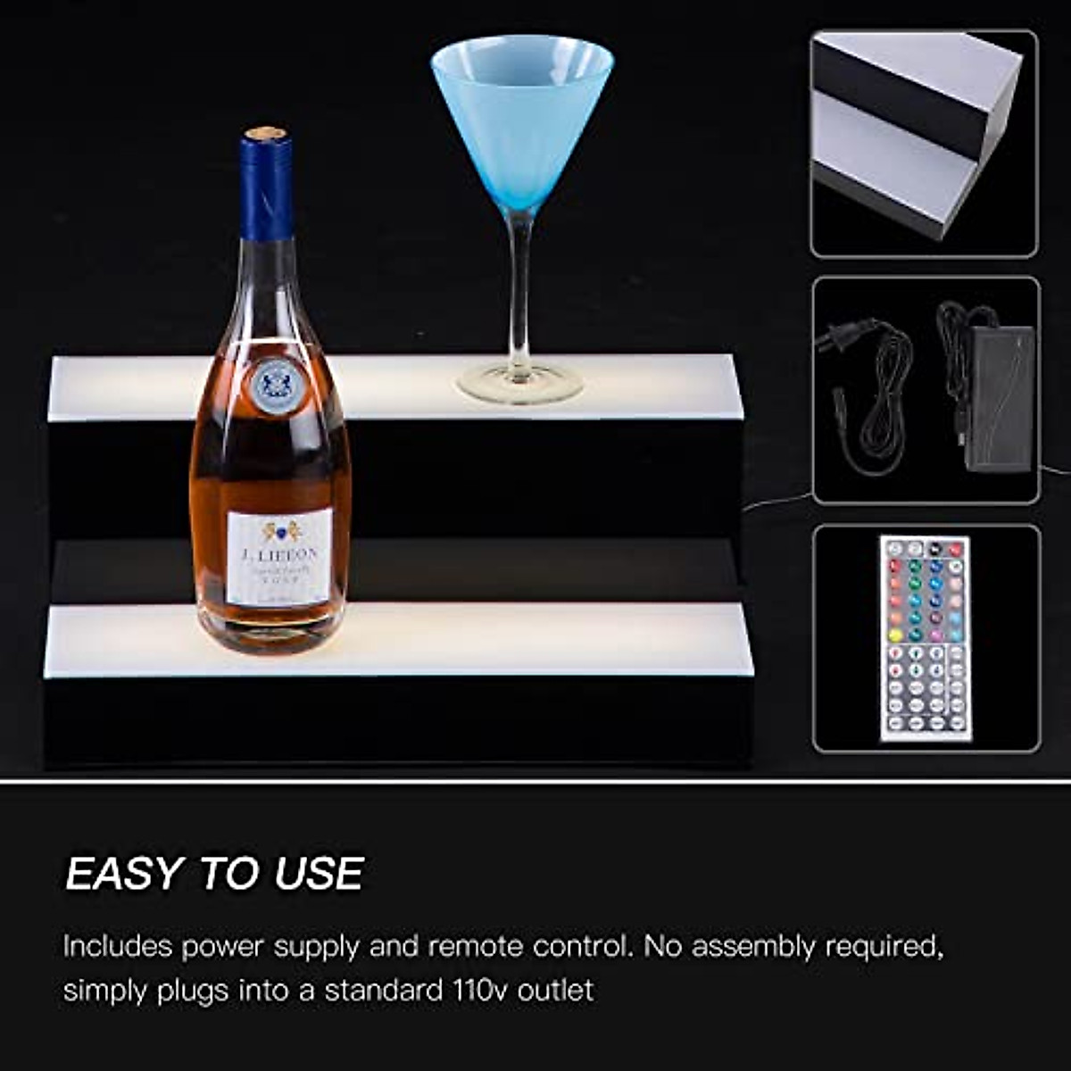 SUNCOO LED Lighted Liquor Bottle Display 16 Inch 2 Step Illuminated Bar Bottle Shelf 2 Tier Cimmercial Home Bar Bottle Display Drinks Lighting Shelves Home Bar Lighting with Remote Control