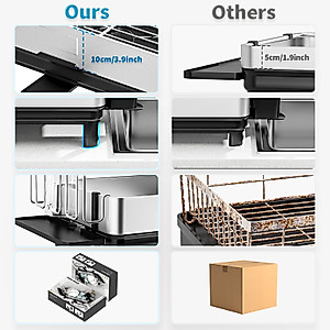 SanDream Dish Drying Rack, Stainless Steel Dish Rack for Kitchen Counter, Dish Drainer for with 360° Rotatable Drain Spout & Utensil Holder, Saving-Space Kitchen Organizer with Cups Holder, Black