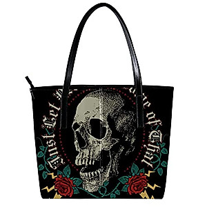 Large Leather Handbags for Women Cool Rock in Roll Skull Rose Floral Top Handle Shoulder Satchel Hobo Bag