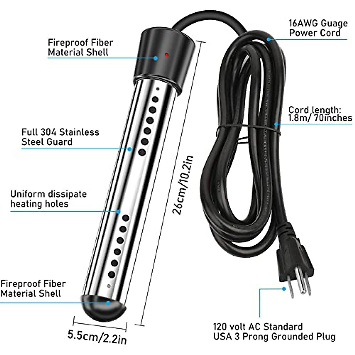 Immersion Water Heater, Bucket Water Heater, Submersible Water Heater 304 Stainless Steel Guard, Pool Heaters for Boiling Bath Water to Heat 5 Gallons of Water in Minutes-U.S Standard