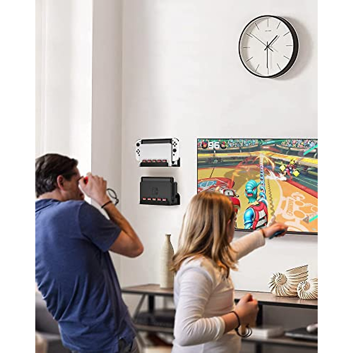 ZAONOOL Wall Mount for Nintendo Switch and Switch OLED, Wall Mount Kit Shelf Stand Accessories with 5 Game Card Holders and 4 Joy Con Hanger, Safely Store Your Switch Console Near or Behind TV (Black)