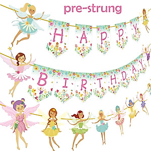 22Pcs Flower Fairy Birthday Decorations Garden Fairy Hanging Swirls Happy Birthday Banner Magical Fairy Cake Topper for Girls Birthday Party Baby Shower Decor