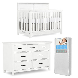 Evolur Belmar Flat 5 in 1 Convertible Crib & Double Dresser with Free 260 Coil Crib & Toddler Mattress