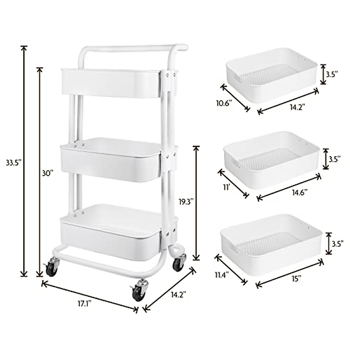 elabo 3-Tier Metal Rolling Utility Cart with 2 Lockable Wheels Storage Organizer Shelf for Kitchen, Bedroom, Bathroom, Office, Living Room