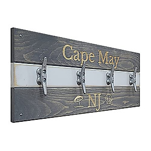 Custom Text Cape May Boat Cleat Wall Hooks - 20 Stain Colors & 20 Paint Colors with Optional Umbrella & Seashell Carving - Beach Towel Rack, Nautical Home Decor - Vacation Home Decor