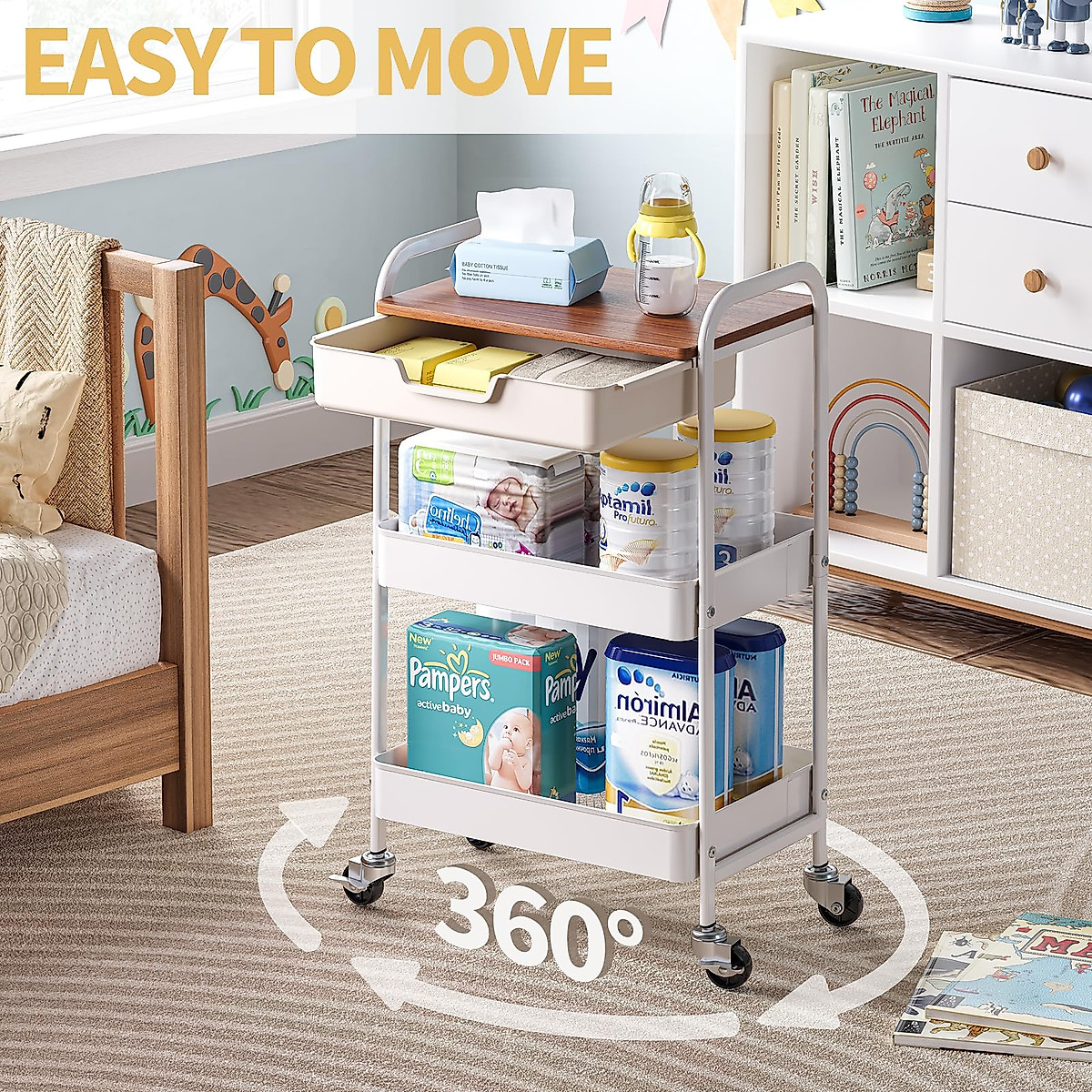 TOOLF 3-Tier Utility Rolling Cart with Wooden Board and Drawer, Metal Storage Cart with Handle, White Trolley Kitchen Organizer Rolling Desk with Locking Wheels for Office, Classroom, Home, Bedroom