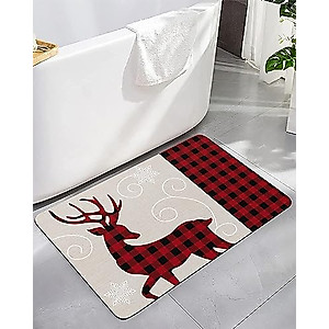 Christmas Reindeer Bath Mat for Tub,Non Slip Bathroom Floor Runner Rug Quick Dry & Absorbent Diatomaceous Earth Kitchen Shower Sink Washable Doormat,Red Black Buffalo Plaid Checkered Snowflake 16"x24"