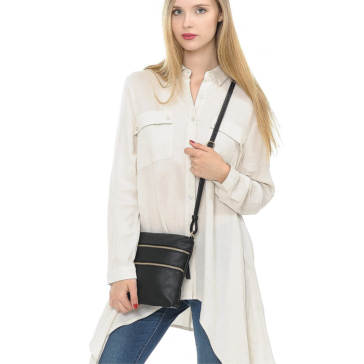 Solene Crossbody Bag Functional Multi Pocket Double Zipper Purse with Adjustable Strap-WU085(Black)