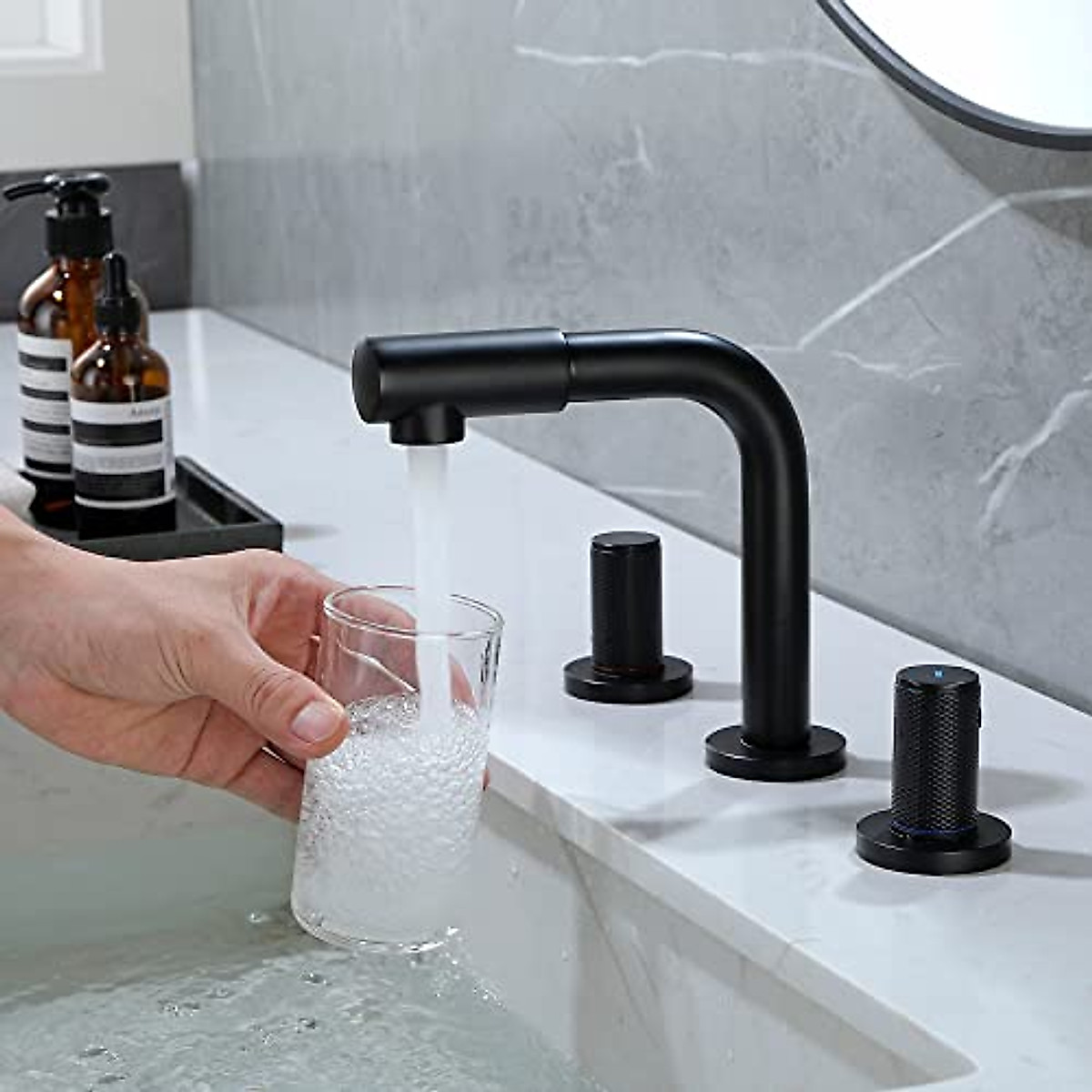 SHAMANDA 8 Inch Widespread Faucet with 360 Degree Swivel Nozzle and Spout, Modern 2 Unique Knob Handles Bathroom Sink Faucet 3 Hole Matte Black, Valve and cUPC Water Supply Hoses Included, LB801-7