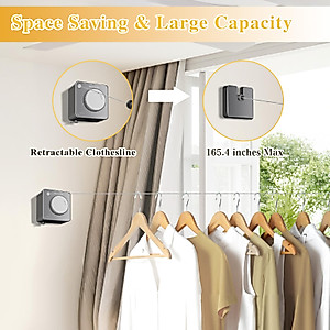 tatamelon Retractable Clothesline Indoor, Non-Sagging Outdoor Clothes Line retracting,13.8 Ft Heavy-Duty Clothes Drying Laundry Line,Wall Mounted Stainless Steel Line（Grey）