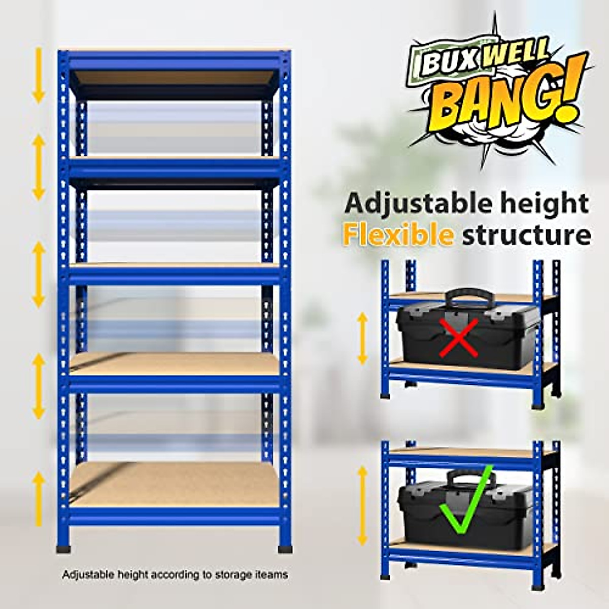 BuxWellBang 5-Shelf Heavy Duty Shelving - Adjustable Garage Storage Shelves, Metal Utility Storage Racks for Warehouse Pantry Basement Kitchen, Utility Shelves,Blue