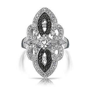 Art Deco Style Black White CZ Filigree Wide Fashion Statement Armor Full Finger Ring For Women Silver Plated Brass