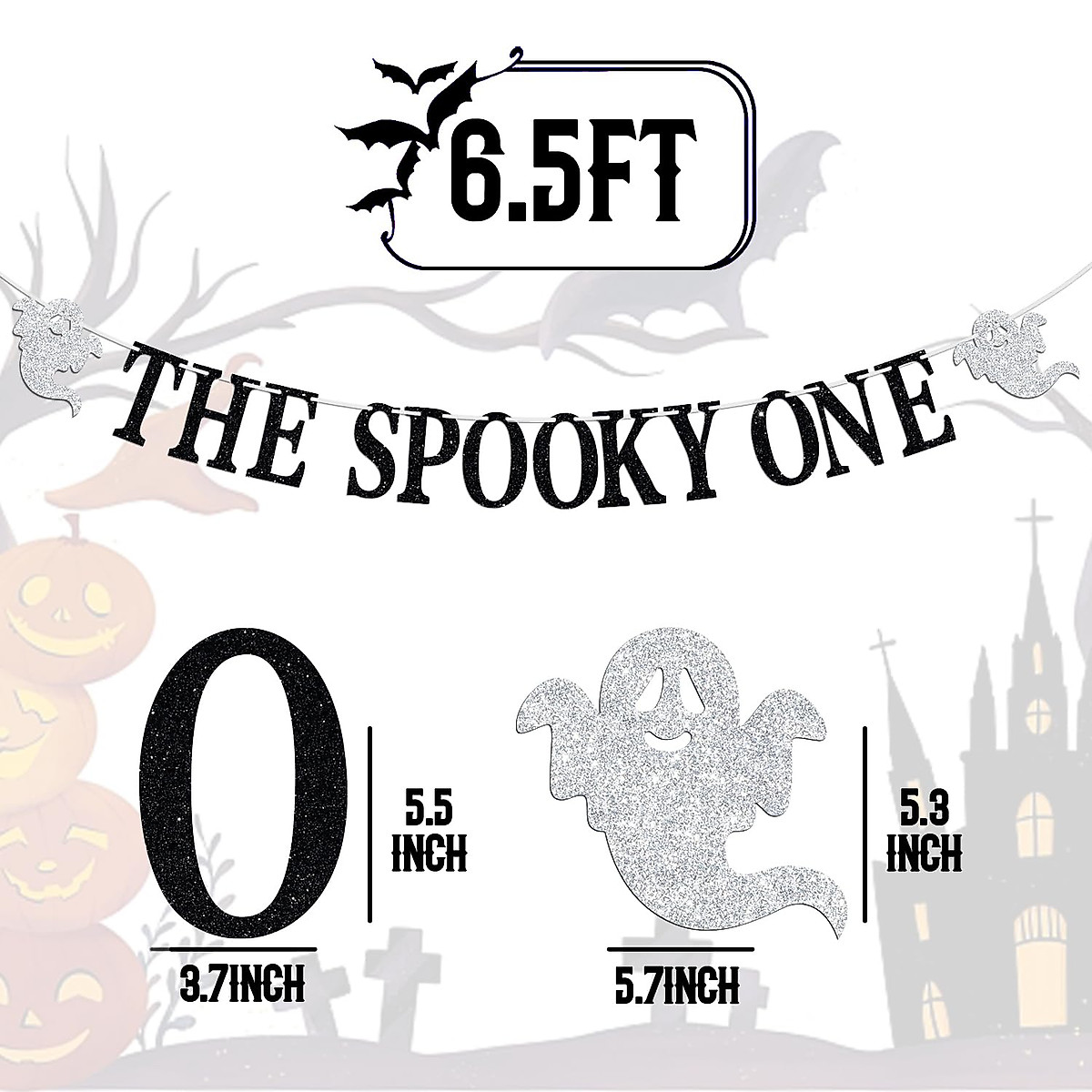 The Spooky One Banner, Halloween 1st Birthday Bunting Sign, Halloween Ghost Bat 1st Birthday/Baby Shower Party Decoration Supplies for Girl Boy, Black Glitter