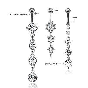 YOVORO 3PCS 14G 316L Stainless Steel Belly Button Rings for Women Navel Rings Barbell Dangle Flower CZ Body Piercing S
