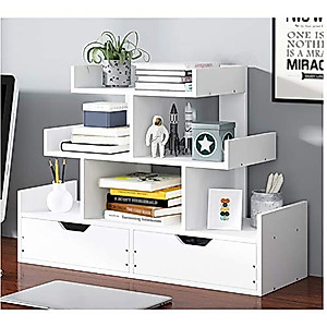 Desktop Bookshelf Magazine Rack 2-Drawer Divide Partition Stratification Storage Rack Office Desk Home 60X17X51CM MUMUJIN (Color : White)