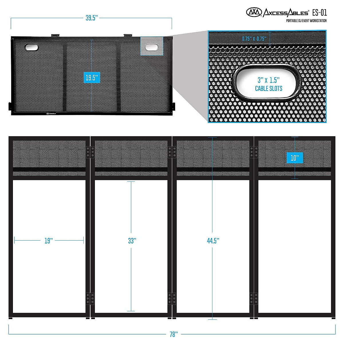AxcessAbles Portable DJ Facade Booth with Black and White Lighting Scrims, Carry Cases | Standing DJ Table - 40" x 20" | DJ Controller Stand | Recording Mixer Stand| DJ Booth (ES-01)