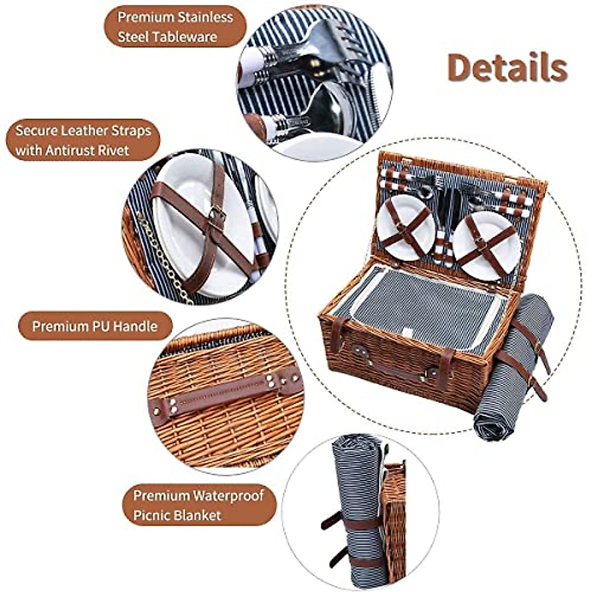 Picnic Baskets for 4 Persons Retro Classic Willow Hamper Set with Waterproof Blanket for Camping &Outdoor Party (Retro Style)
