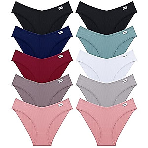 FINETOO 10 Pack Womens Underwear Cotton Cute Low Rise Bikini Rib Cheeky Panties Sexy V-shaped waistband Hipster S-XL
