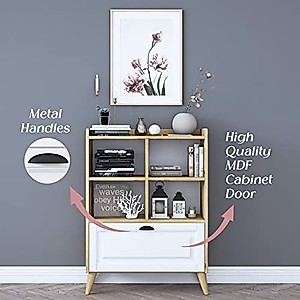 LAWA FURNITURE Modern Bookcase with Storage Cabinet, 4 Cube Bookshelf Cabinet with Legs, Short Wood Bookshelf for Bedroom, Living Room, Kids Room, Office or Kitchen