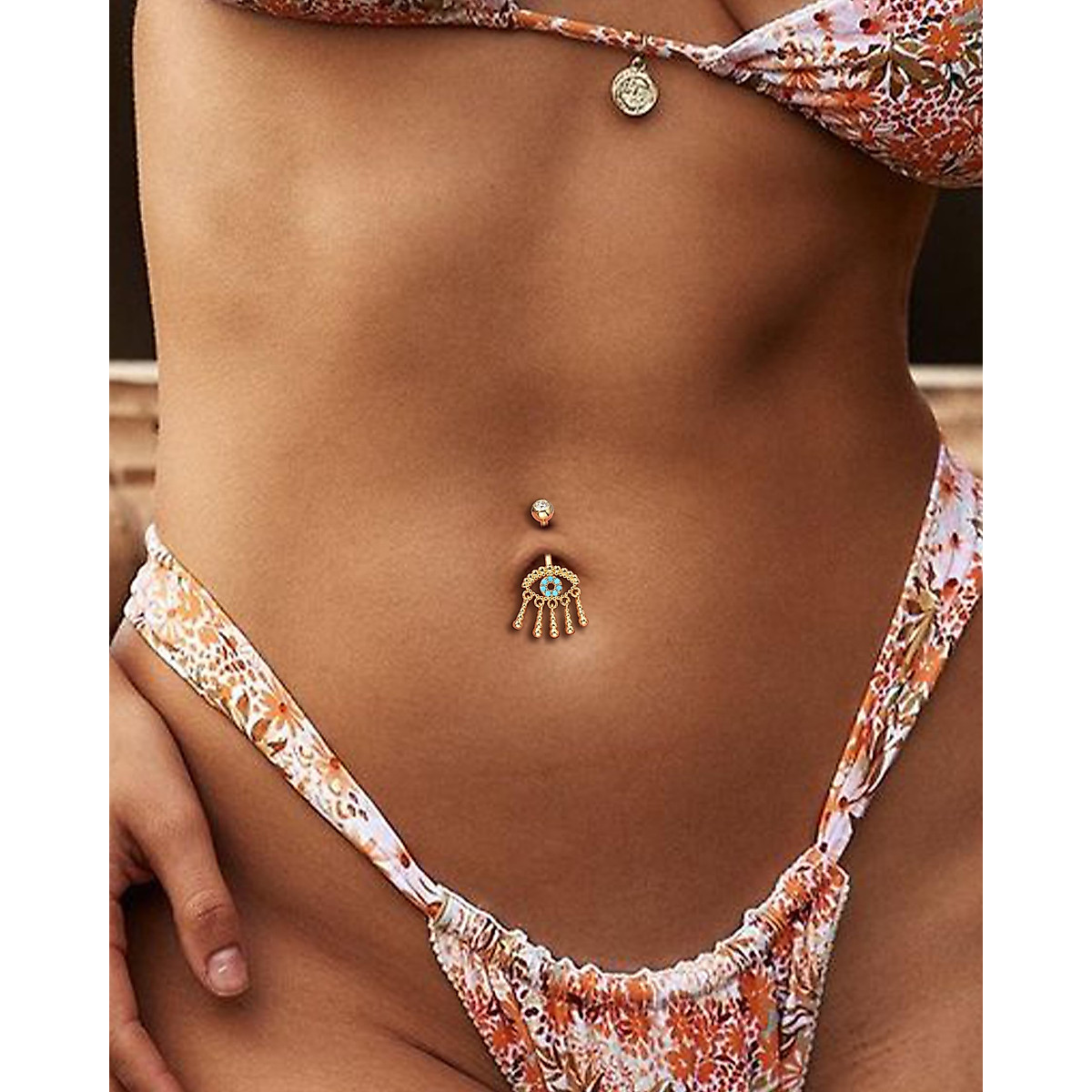 COCHARM Evil Eye Belly Button Rings Dangling 18K Gold Plated Belly Rings for Women 14g Dangle Belly Button Piercing Gold Turquoise Eye Belly Button Jewelry Cute Navel Rings