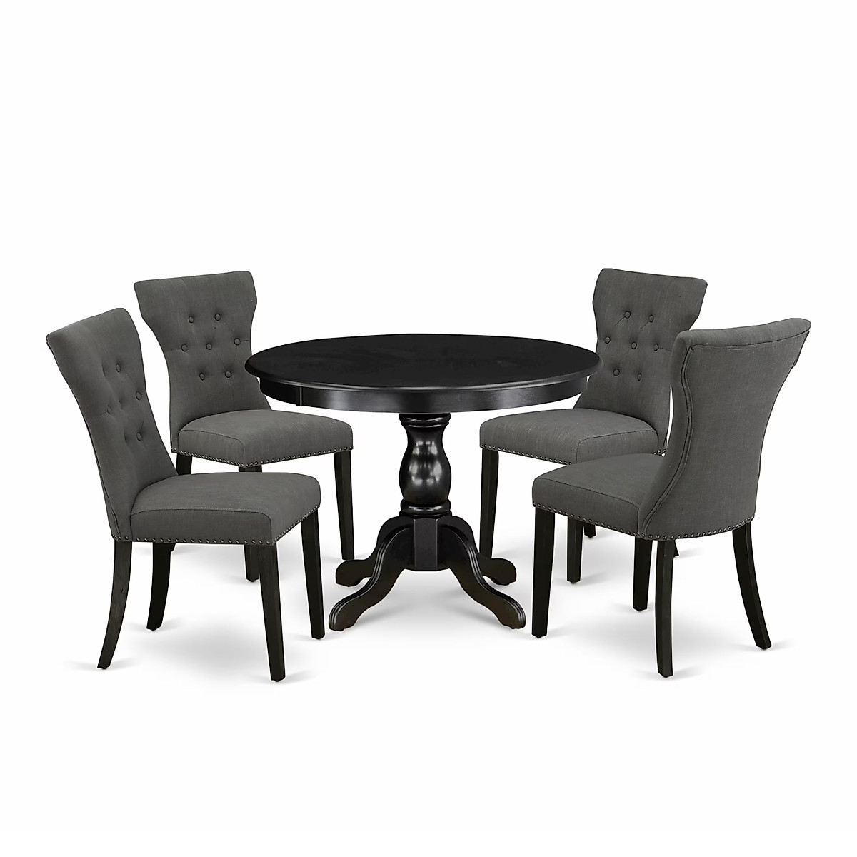 East West Furniture HBGA5-ABK-50 5 Piece Dining Room Furniture Set Includes a Round Dining Table with Pedestal and 4 Dark Gotham Linen Fabric Upholstered Chairs, 42x42 Inch, Wirebrushed Black
