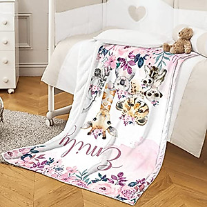 Personalized Baby Blanket for Girls with Name Custom Baby Blanket Throw Customized Name Receiving Swaddle Blanket for Infant Newborn Toddler Kid Name Blanket Soft Fleece Blanket(Woodland Animal)