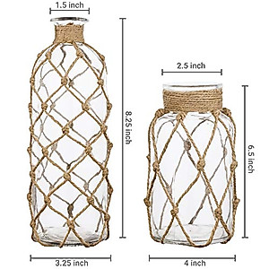 MyGift Coastal Style Decorative Glass Bottles with Rope Wrapping, Set of 2