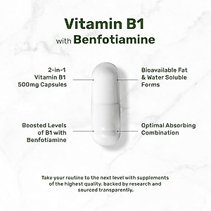Vitamin B1 500mg with Benfotiamine, 240* Capsules – 2 in 1 Enhanced Formula – Fat & Water Soluble Thiamine B1 Supplement – Third Party Tested, Non-GMO, No Gluten