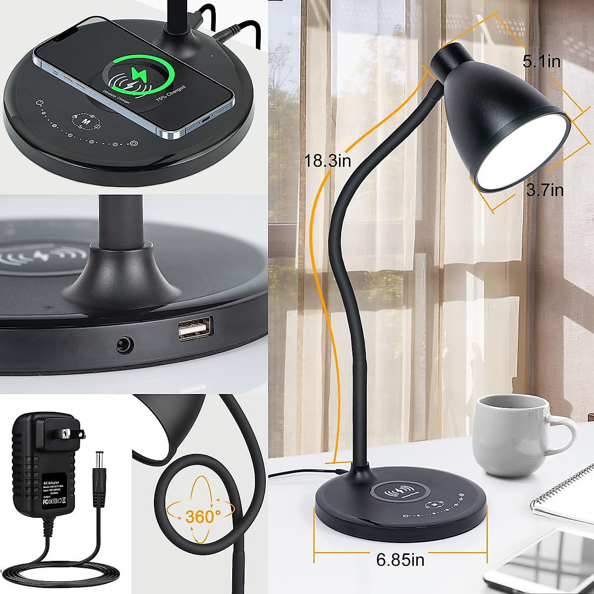 Libreath Desk Lamp with USB Charging Port Table Lamp Wireless Charger Dimmable Dorm Lamp 5 Colors 7 Brightness Levels Touch Bedside Table Lamps Gooseneck Reading Light for Home Office