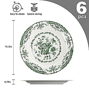 HomeElves Dinner Plates Set of 6, White Plates, Ceramic Kitchen Plates Microwave Safe Plates, 10.5 Inch Porcelain Dinner Plates Floral Plates, Green