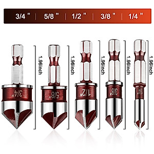 Pylevemv 5Pcs Countersink Drill Bit Set, Premium Countersink Drill Bit with 82-Degree, 5 Flutes, Quick-Change Hex Shank, 1/4 Inch to 3/4 Inch Size, Countersink Drill Bits for Wood, Metal, Plastic