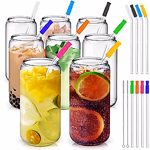 Drinking Glasses with Glass Straw 8Pcs Set, 16oz Clear Can Shaped Glass Cups, Beer Glasses, Iced Coffee Glass, Cocktail Glass, Whiskey Glass, Unique Cute Glass Set Gift, Cleaning Brushes & Straw Tips