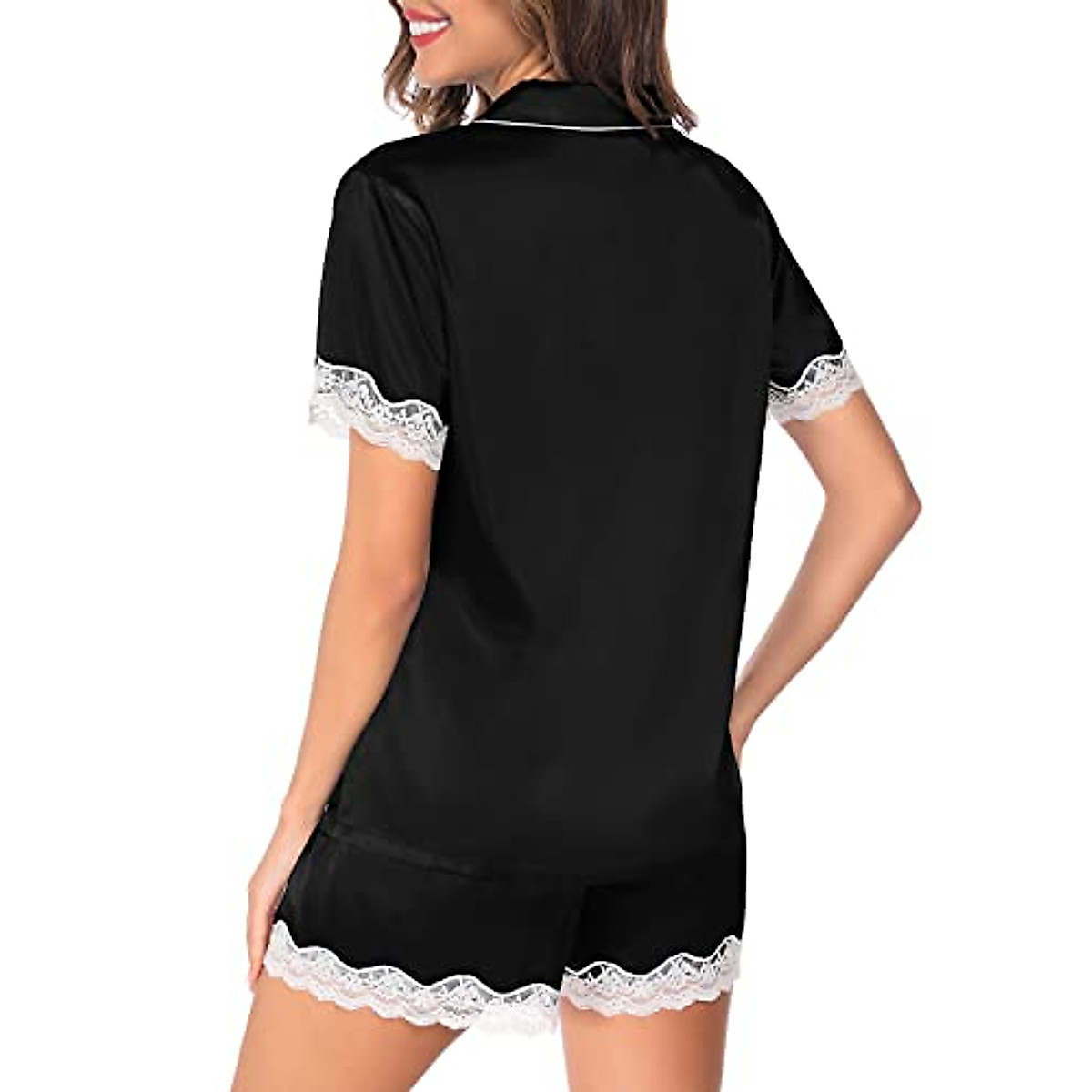SWOMOG Women's Silk Lace Pajama Sets Satin Button Down Tops Pjs Lace Shorts Bottoms 2 Pcs Sleepwear Lounge Sets with Pockets Black