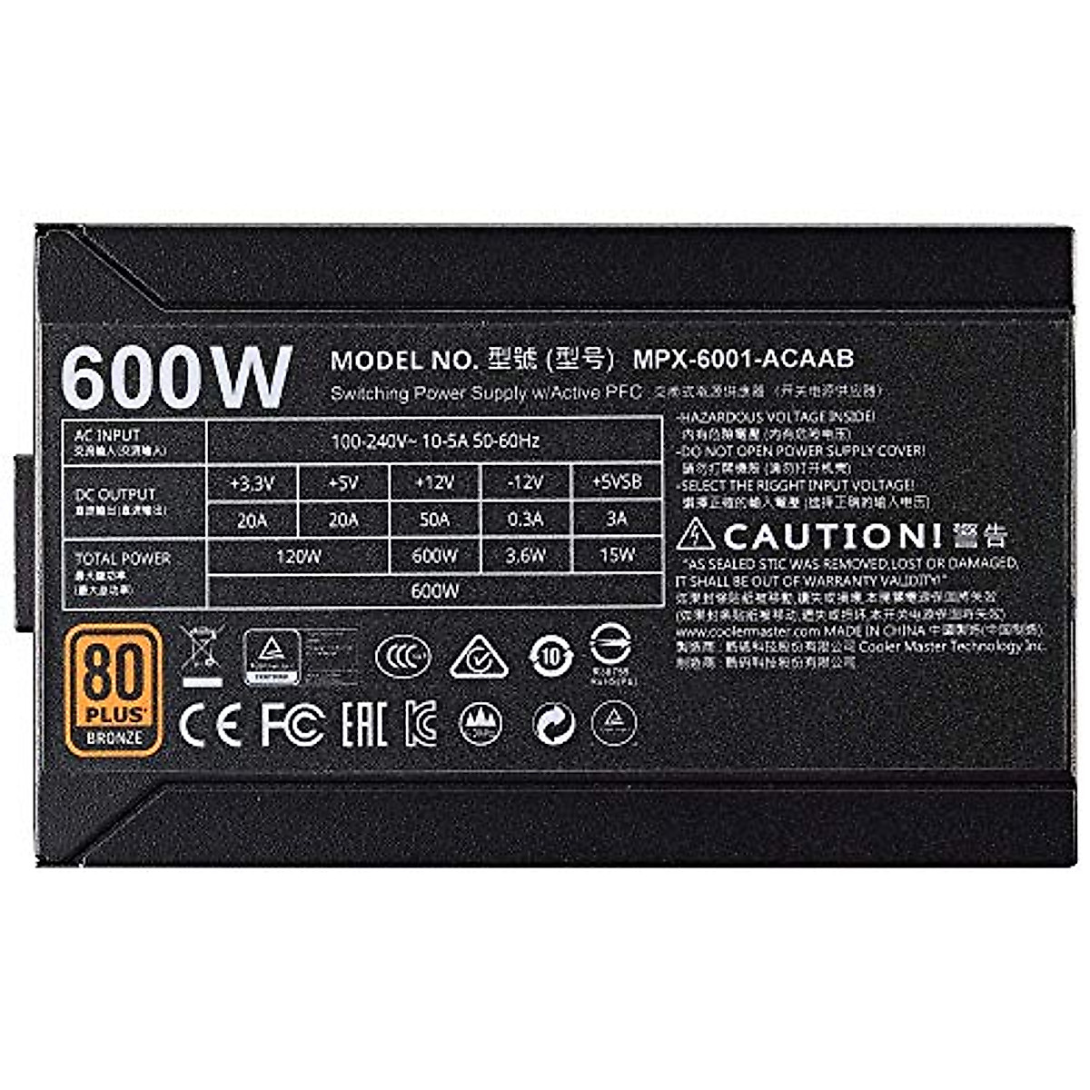 Cooler Master MWE Bronze 600 Watt 80 Plus Certified Power Supply, 3 Year Warranty