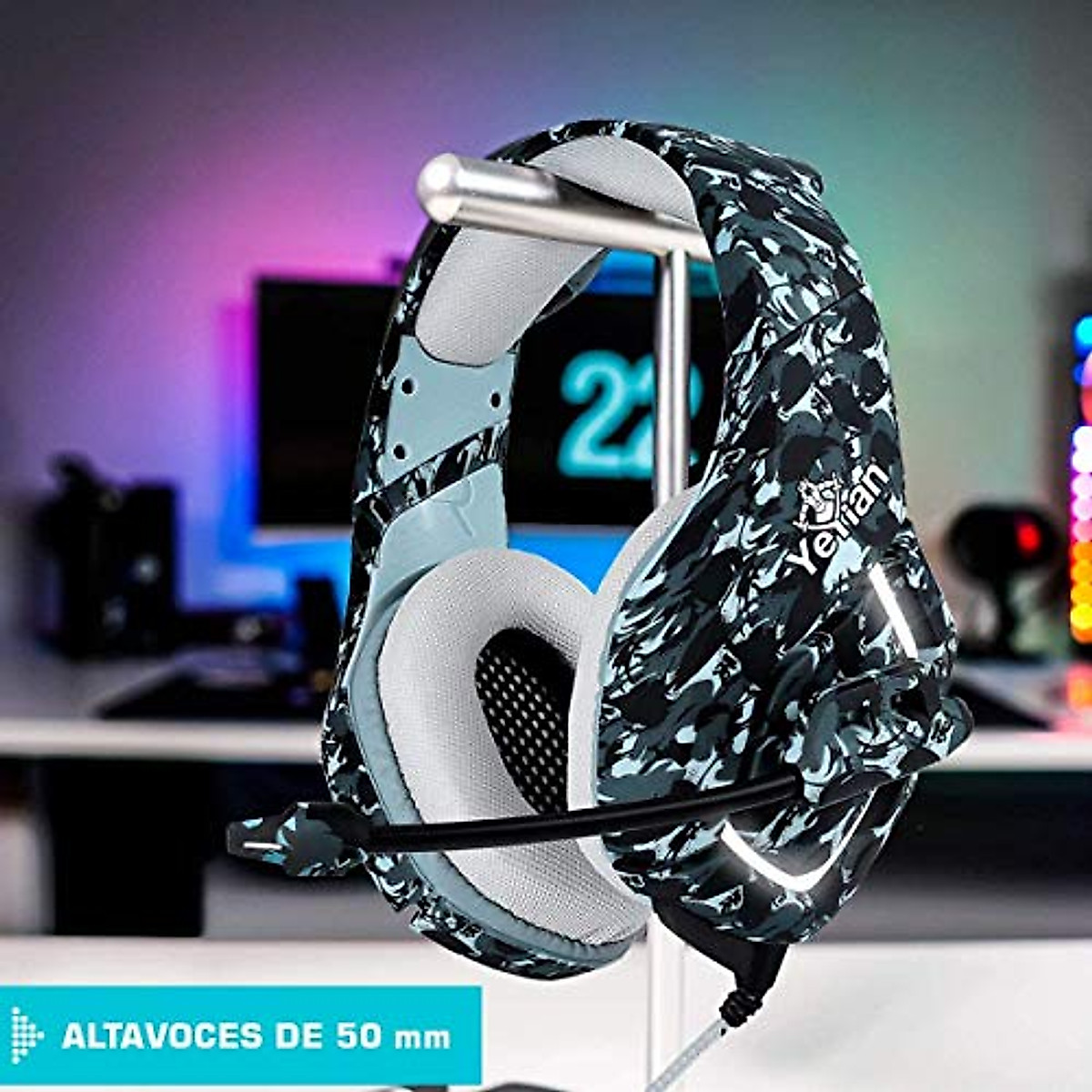 YEYIAN Force Stereo Gaming Headset Mic, Noise Cancelling Over Ear Microphone Headphones, Bass Surround, Soft Earmuffs, Compatible with PS4 Xbox One PS5 Nintendo Controller PC Laptop Games, Winter Camo