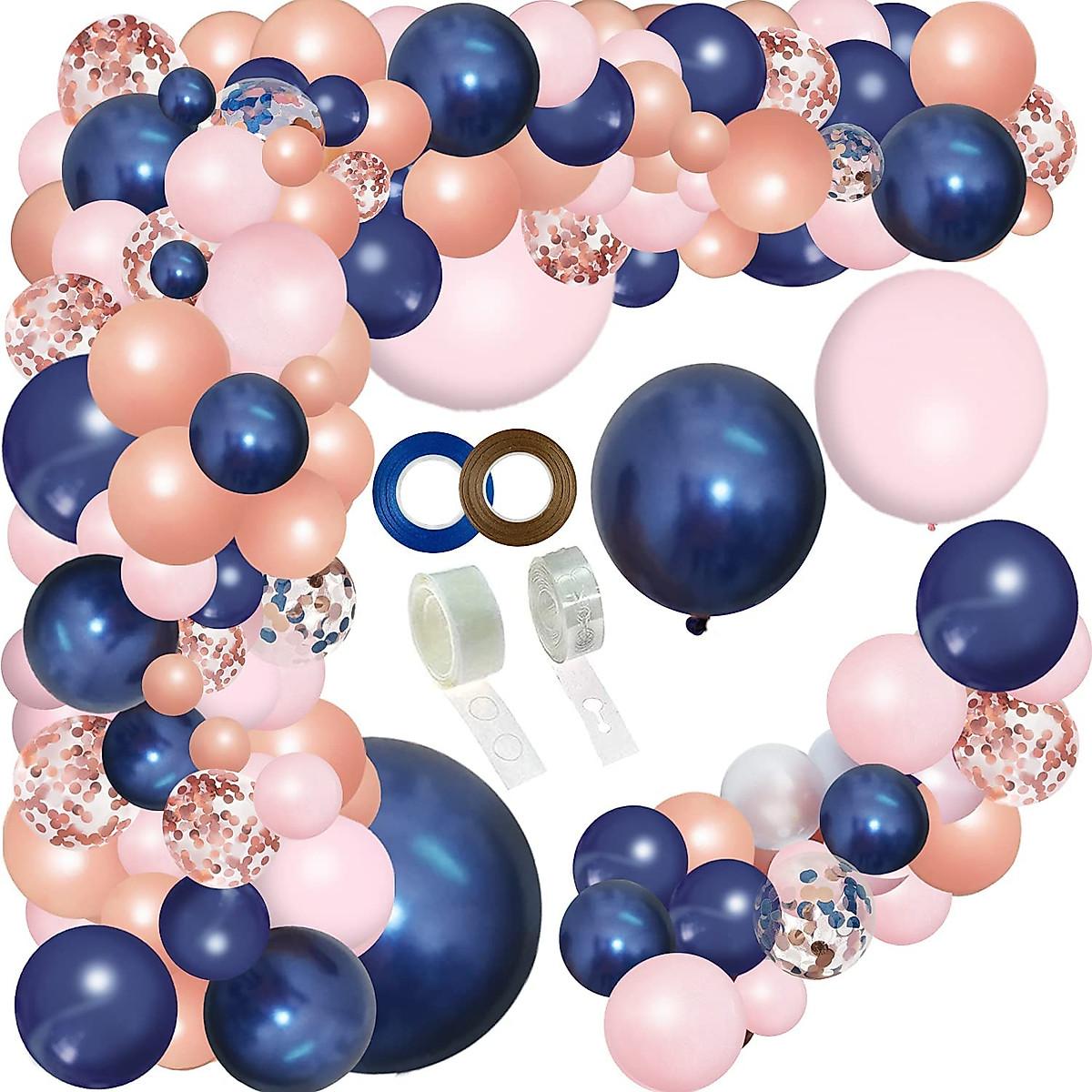 JULLIZ 144pcs Rose Gold Navy Blue and Pink Gender Reveal Balloon Garland Confetti Balloons for Graduation Shower Wedding Graduation Birthday Party Decoration