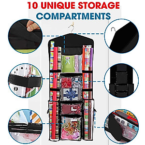 ProPik Hanging Double Sided Wrapping Paper Storage Organizer With Multiple Pockets Organize Your Gift Wrap, Gift Bags Bows Ribbons 40"X17" Fits 40 Inch Rolls Clear PVC Bag (Black)