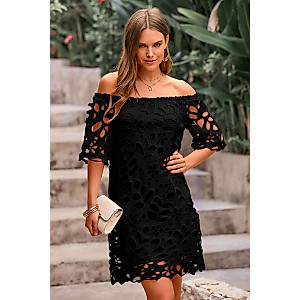 PRETTYGARDEN Women's Summer Off Shoulder Vintage Floral Lace Flare Short Sleeve Loose Elegant Mini Dress (Black,Medium)