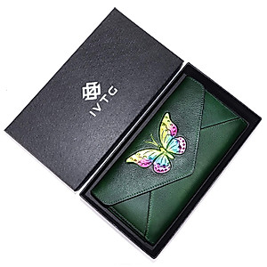 Genuine Leather Wallets for Women RFID Blocking Purse Vintage All in One Organizer Handmade Long Wallet Luxury Clutch (Green)