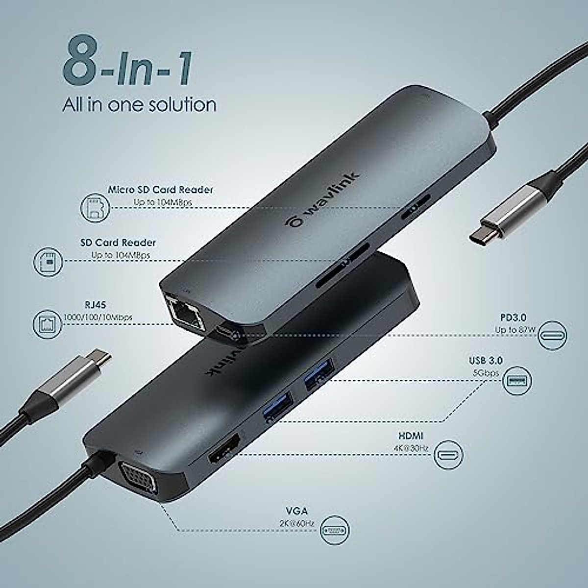 WAVLINK USB C Hub, 8-in-1 Type C Adapter Mini Docking Station with 4K 30Hz HDMI, 2K 60Hz VGA, Gigabit Ethernet, 2 USB 3.0, SD/TF Card Reader, 87W Power Delivery for MacBook Pro and More