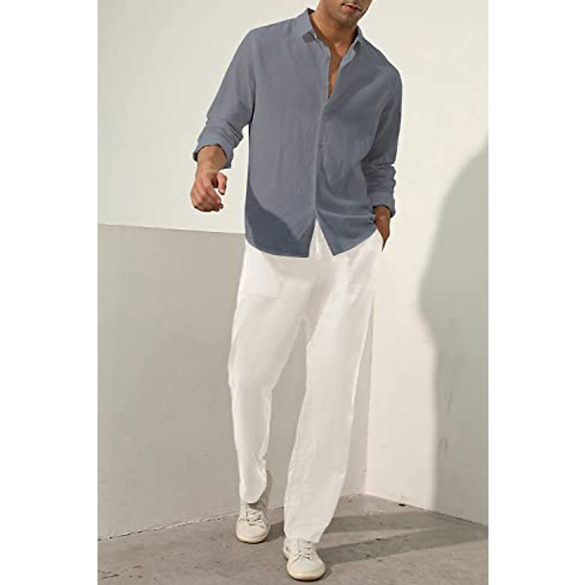 JMIERR Mens Casual Linen Pants Loose Fit Straight Legs Lightweight Elastic Waist Drawstring Trousers Summer Beach Yoga Pant Baggy US 34(M) White