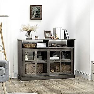 HOMCOM Sideboard with Glass Sliding Doors, Buffet Cabinet, Coffee Bar Cabinet with Adjustable Shelf, Dark Grey
