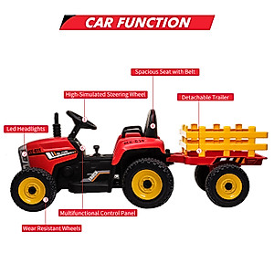 Nasitip 12V Kids Battery Powered Electric Tractor with Trailer, Toddler Ride On Car w/Remote Control, 7-LED Headlights, 2+1 Gear Shift, MP3 Player USB Port for Kids 3-6 Years (Red, 35W/ EVA Tire)