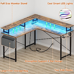 armocity L Shaped Computer Desk with Power Outlets, Gaming LED Lights, Corner Storage Shelves, Work Study for Bedroom, Home Office, Small Spaces, 47'', Rustic Brown