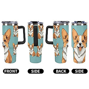 LPSADGF Corgi Cute Dog Insulated Stainless Steel Travel Mug, 40 Oz Tumbler with Handle And Straw Double-Wall Vacuum Coffee Cup, Leak-Proof Lid, Keeps Drinks Hot/Cold for Hours