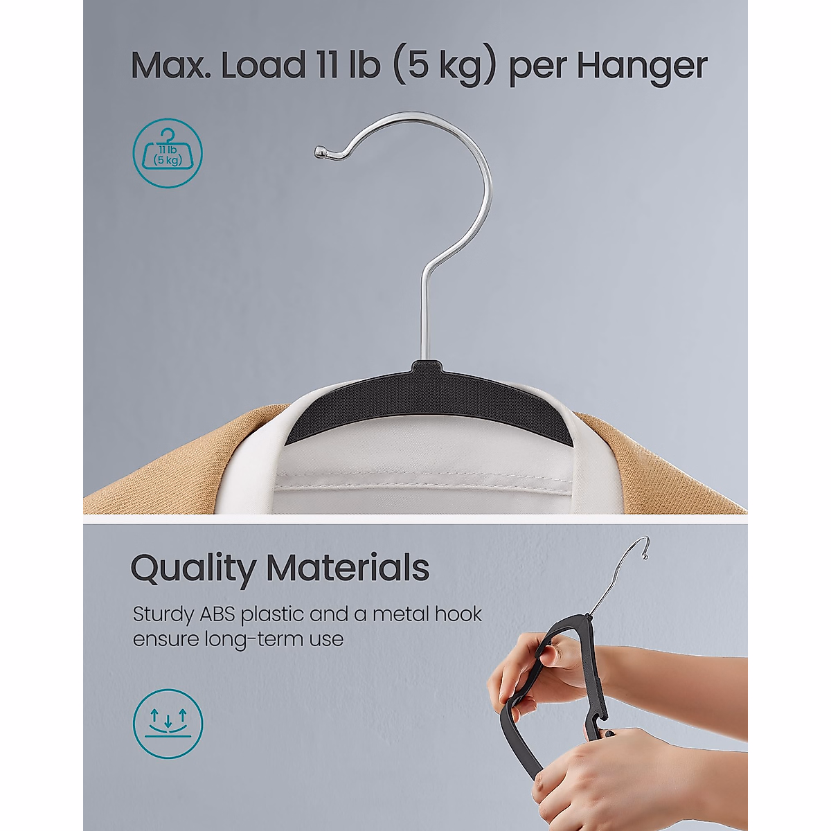 SONGMICS Clothes Hangers 50 Pack, Heavy-Duty Plastic Hangers, Coat Hangers with Wide Shoulder Notches, Pant Bar, 360° Swivel Hook, Space-Saving, 16.4 Inches, for Closet, Ink Black UCRP060B01