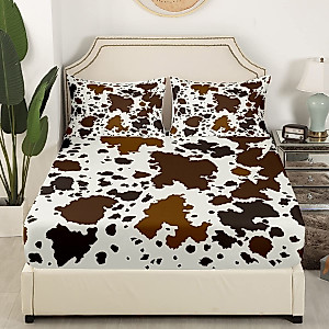 Cow Print Bedding Set Adult Women Brown Highland Cow Print Fitted Sheet for Boys Girls Western Room Decor Fitted Bed Sheets Wild Animal Farmhouse Milk Cow Print Bedding Collections, Twin Size